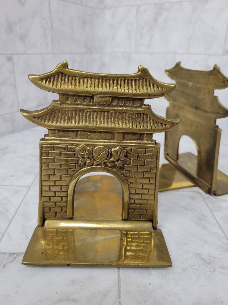Vintage Brass Antique Bookends Asian Book Holders Pagoda Gate