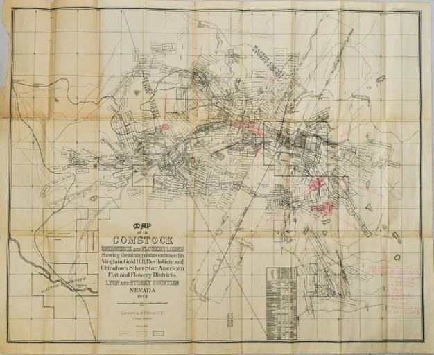 1923 Moran Map Of Comstock Silver Mines, Nevada Map Of The Comstock ...