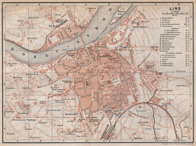 Linz Antique Town City Plan Stadtplan. Austria Österreich Karte 1896 Old Map
