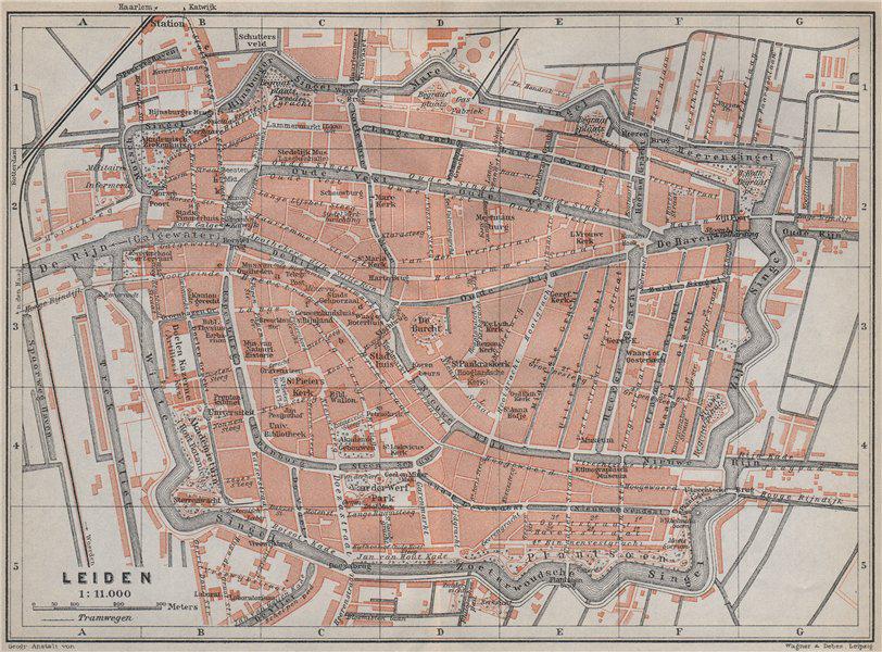 Leiden Leyden Antique Town City Stadsplan. Netherlands Kaart. Baedeker ...