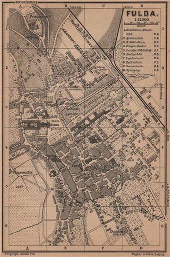 Fulda Antique Town City Stadtplan. Hessen Karte. Baedeker 1900 Old Map