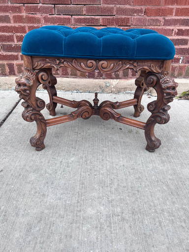 Antique Gothic Style Ornate Griffin Carved Ottoman Newly Upholstered In ...