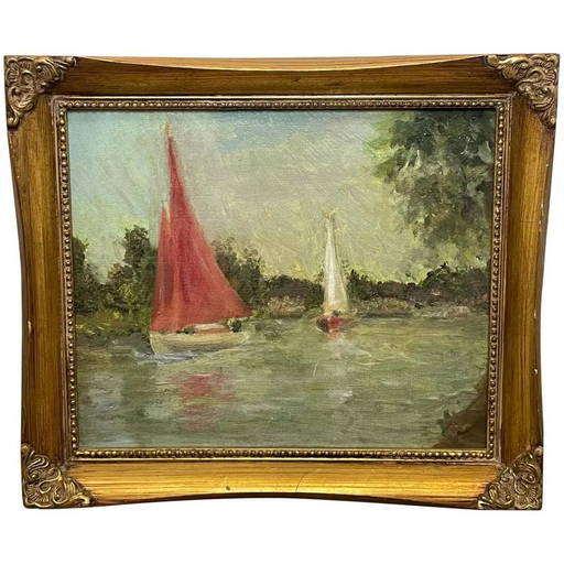 Fine Impressionism English Oil Painting Marine Racing Boats Thames By ...