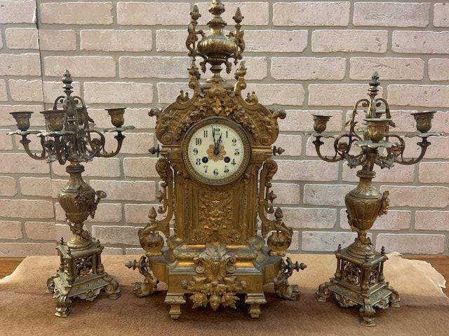 Antique Gilt Bronze Mantle Clock And Two Candelabras 3 Piece Garniture Set