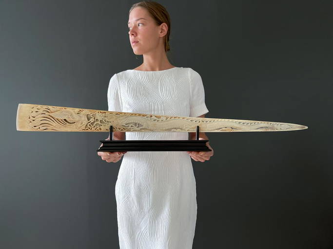 Extra Large Engraved Swordfish Rostrum Dragon Phoenix