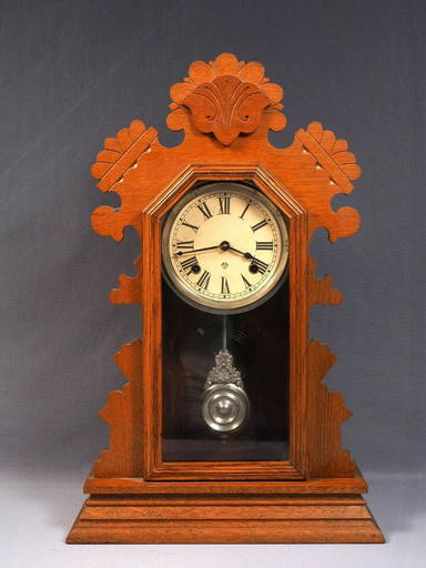 Antique Ansonia Shelf Clock Bedford Oak Gingerbread Case 8 Day C.1894 Works