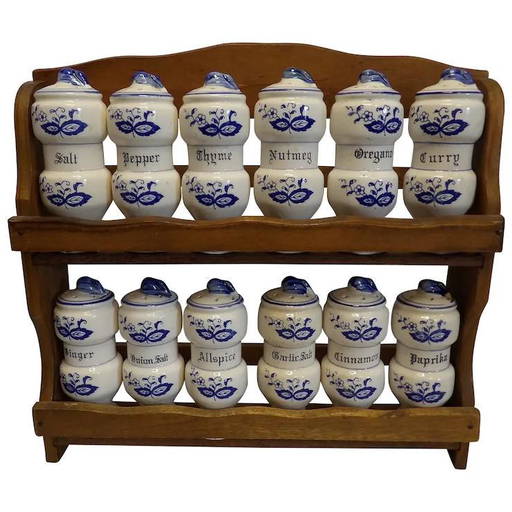 Vintage 'blue Onion' Spice Rack With 12 Spice Jars, Made In Japan 1950's,