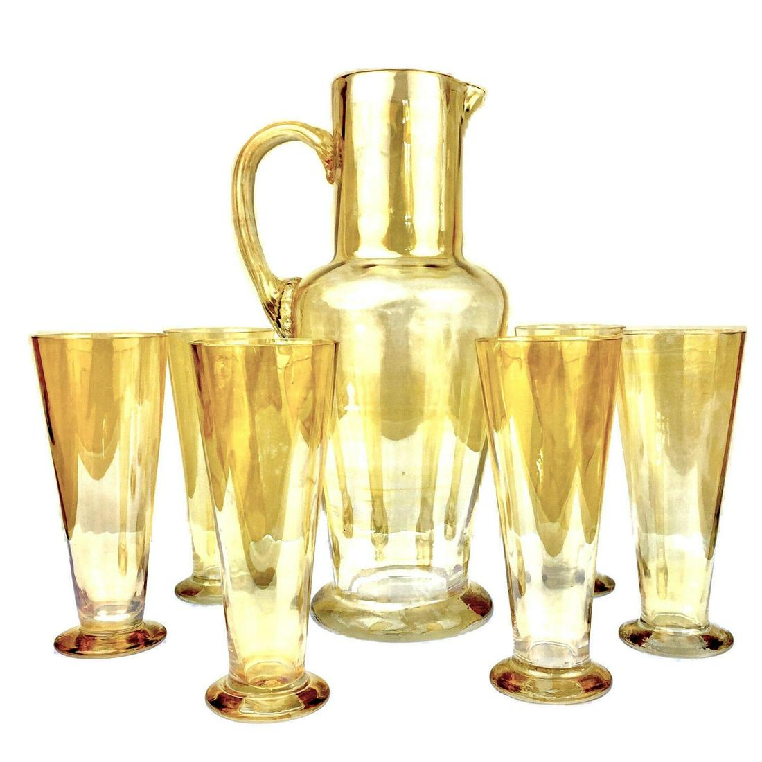 MidCentury Amber Glass Pitcher, 6 Matching Yellow Glasses Vintage Greek ...