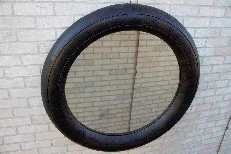 Circular Black Faux Ostrich Leather Framed Wall Mirror