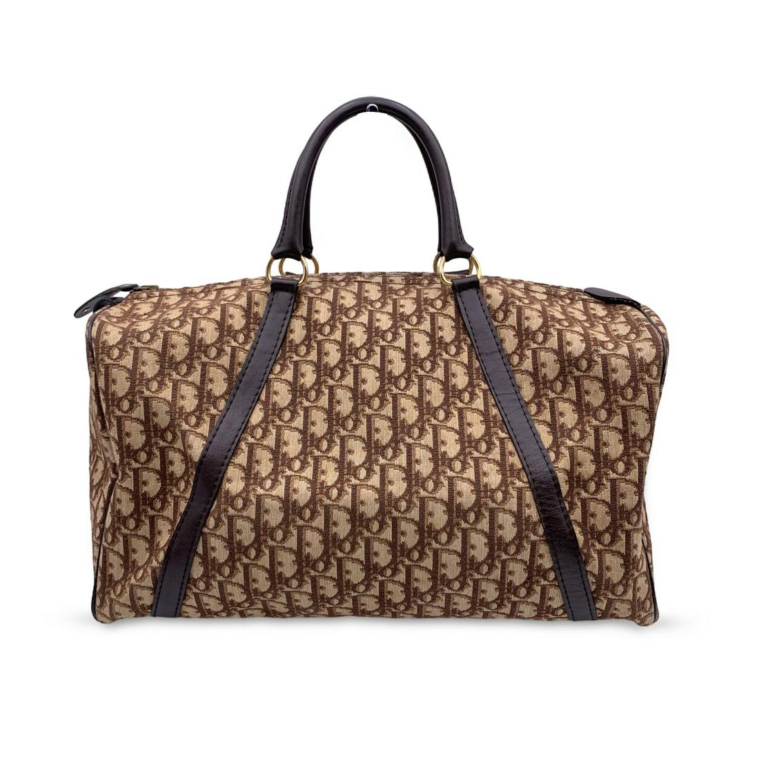 Christian Dior Vintage Brown Logo Tapestry Canvas Boston Bag
