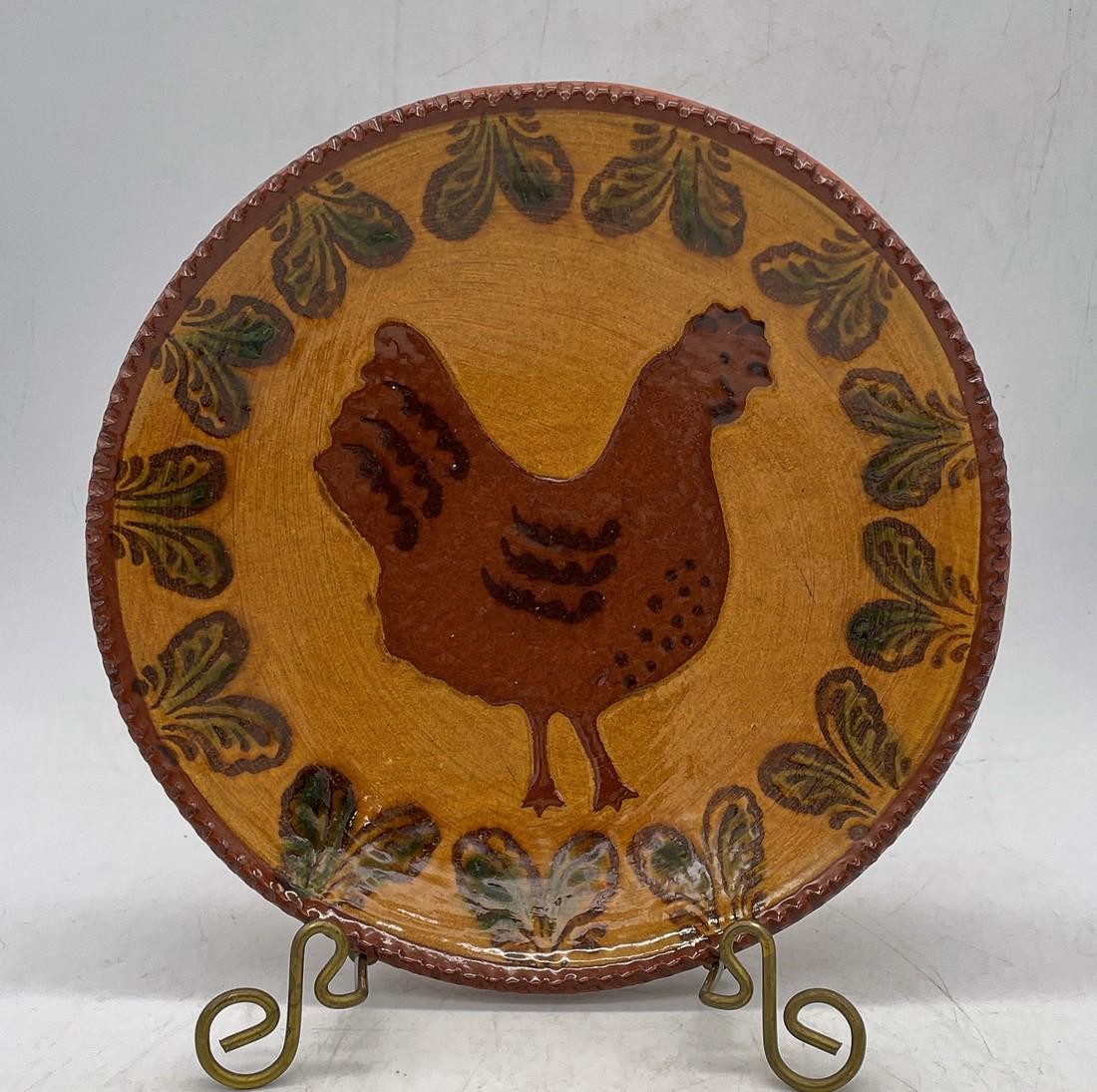 Signed Ned Foltz Pottery Glazed Redware Rooster Plate, 1992