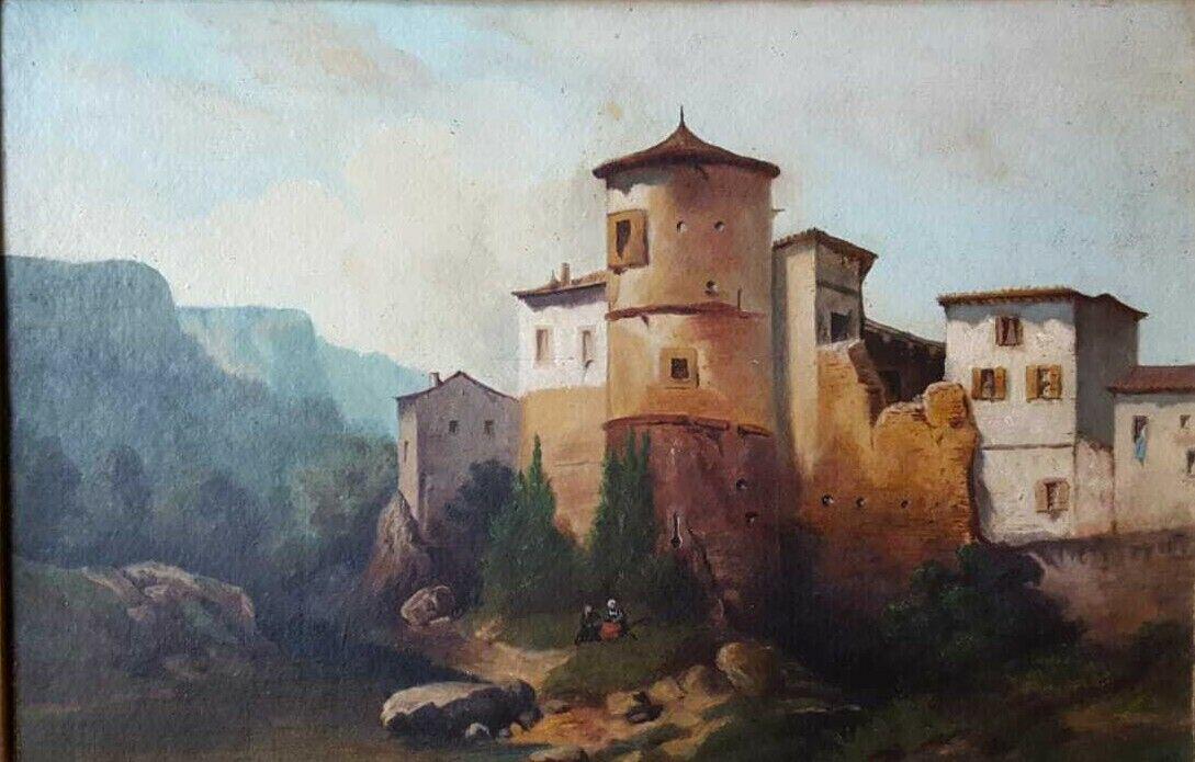Antique Painting Oil Original 19th Century Fortified Hamlet Village ...
