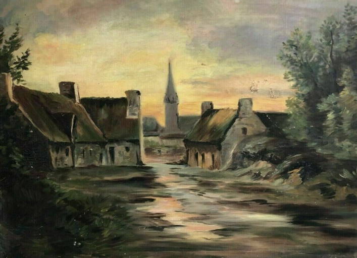 Antique Oil Original Painting Luigi Lombardi (1853 1940) Village Landscape