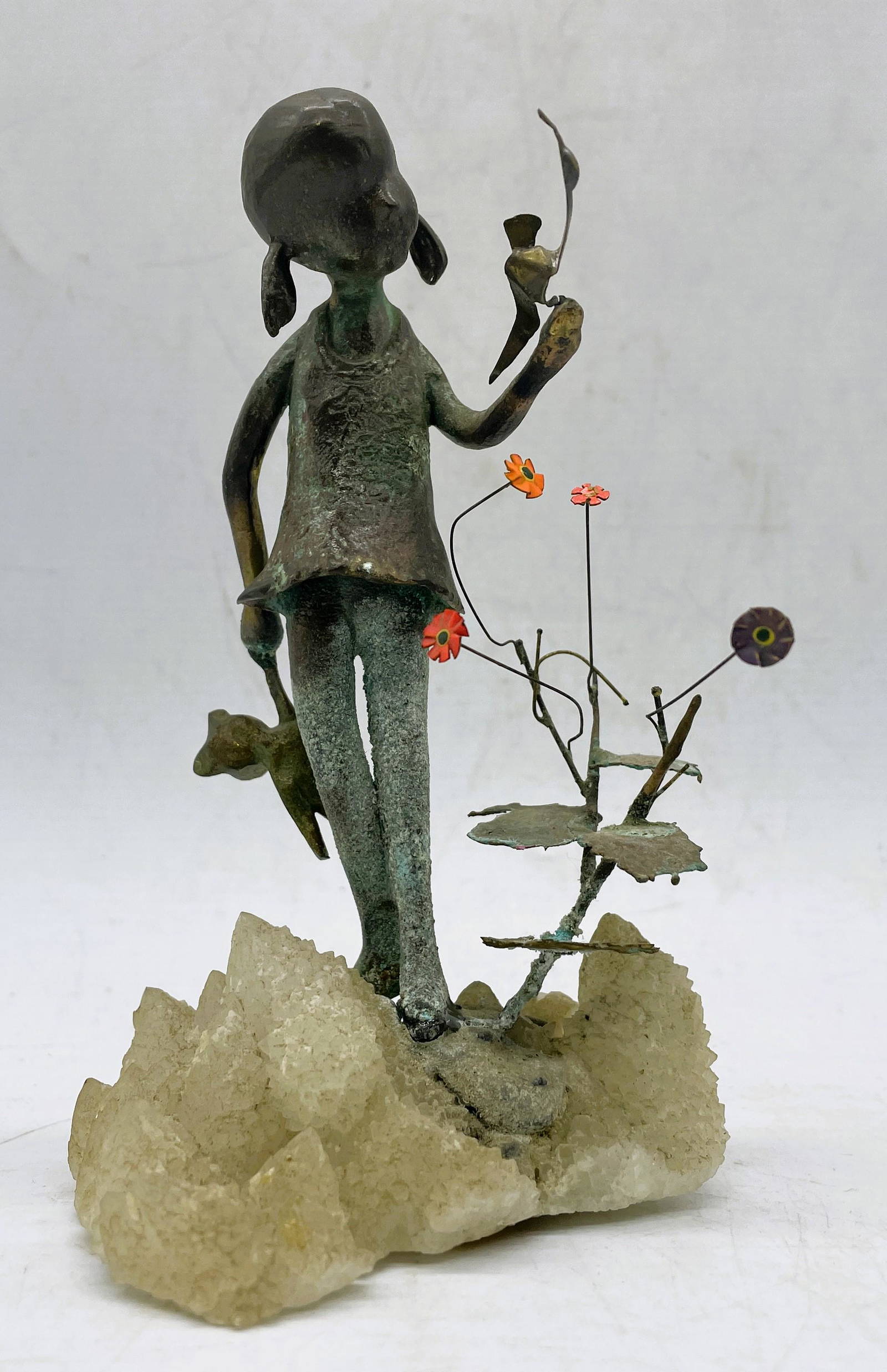 Lovely Malcolm Moran Bronze Girl Sculpture W/ Bear And Bird Auction