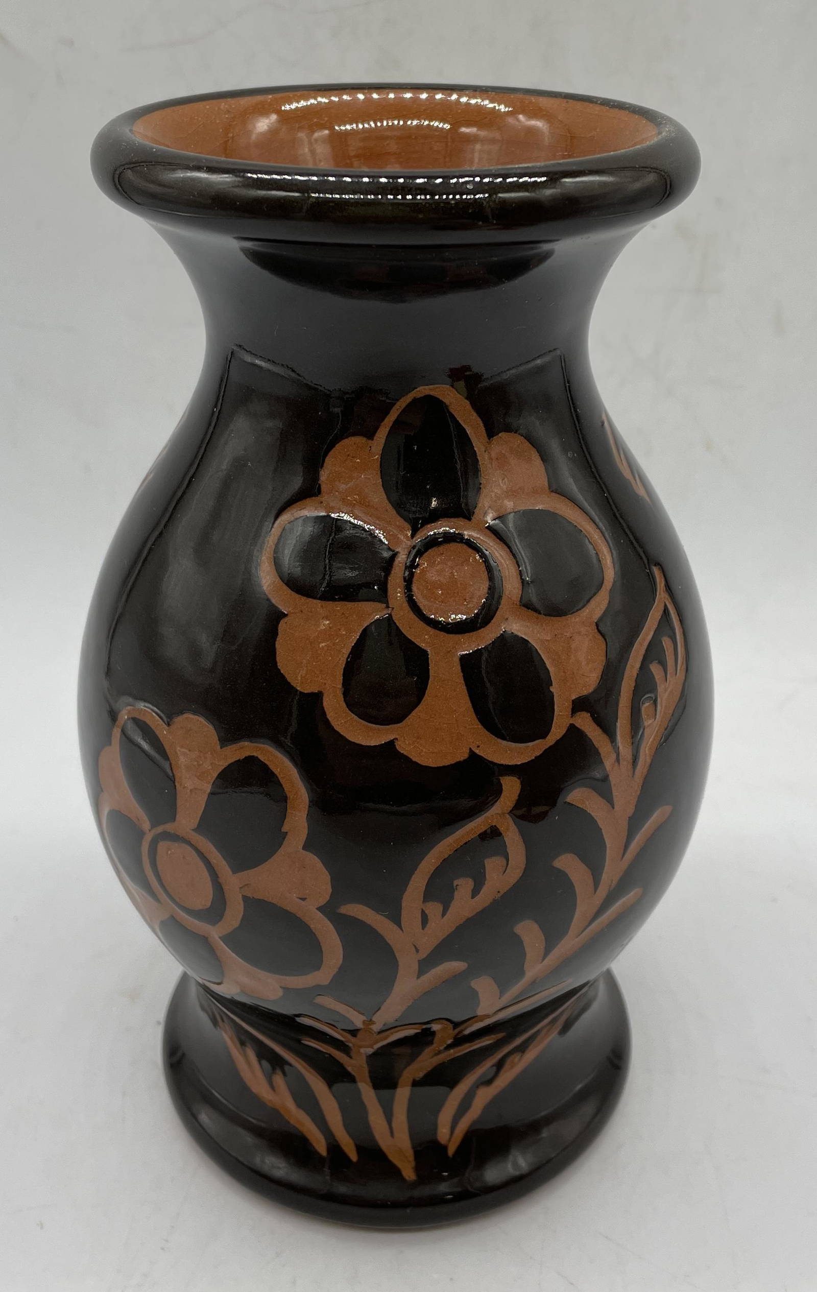 Breininger Redware Pottery 7” Black Flat Vase With Flower Decoration ...
