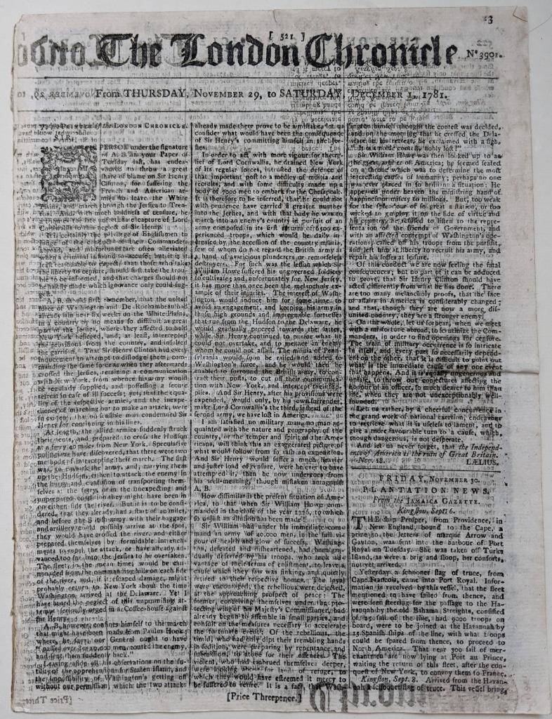 Rare Revolutionary War Era Dec. 1, 1781 The London Chronicle Newspaper ...