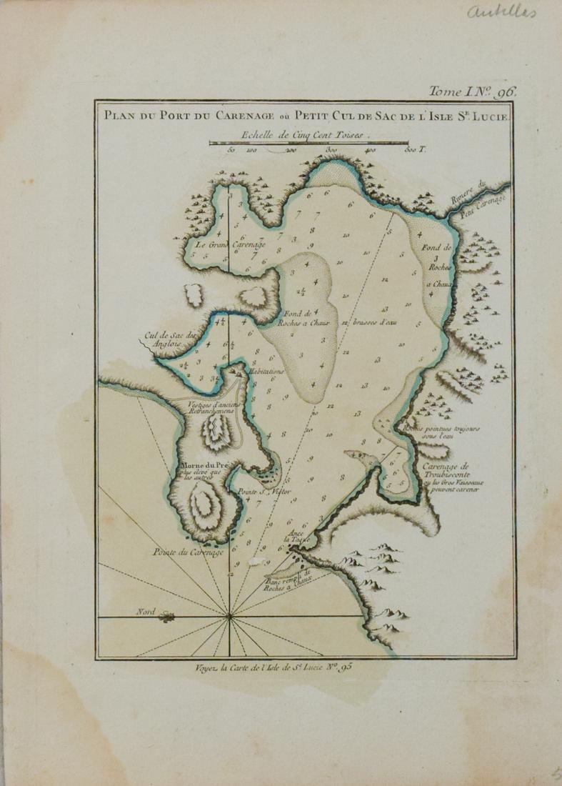 1764 Bellin Map Of Castries In St. Lucia, Lesser Antilles Plan Du Port ...