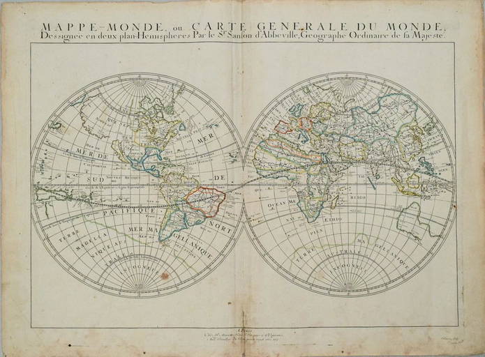 1651 Sanson World Map Mappe Monde, Ou Carte Generale Du Monde; Dessignee En Deux