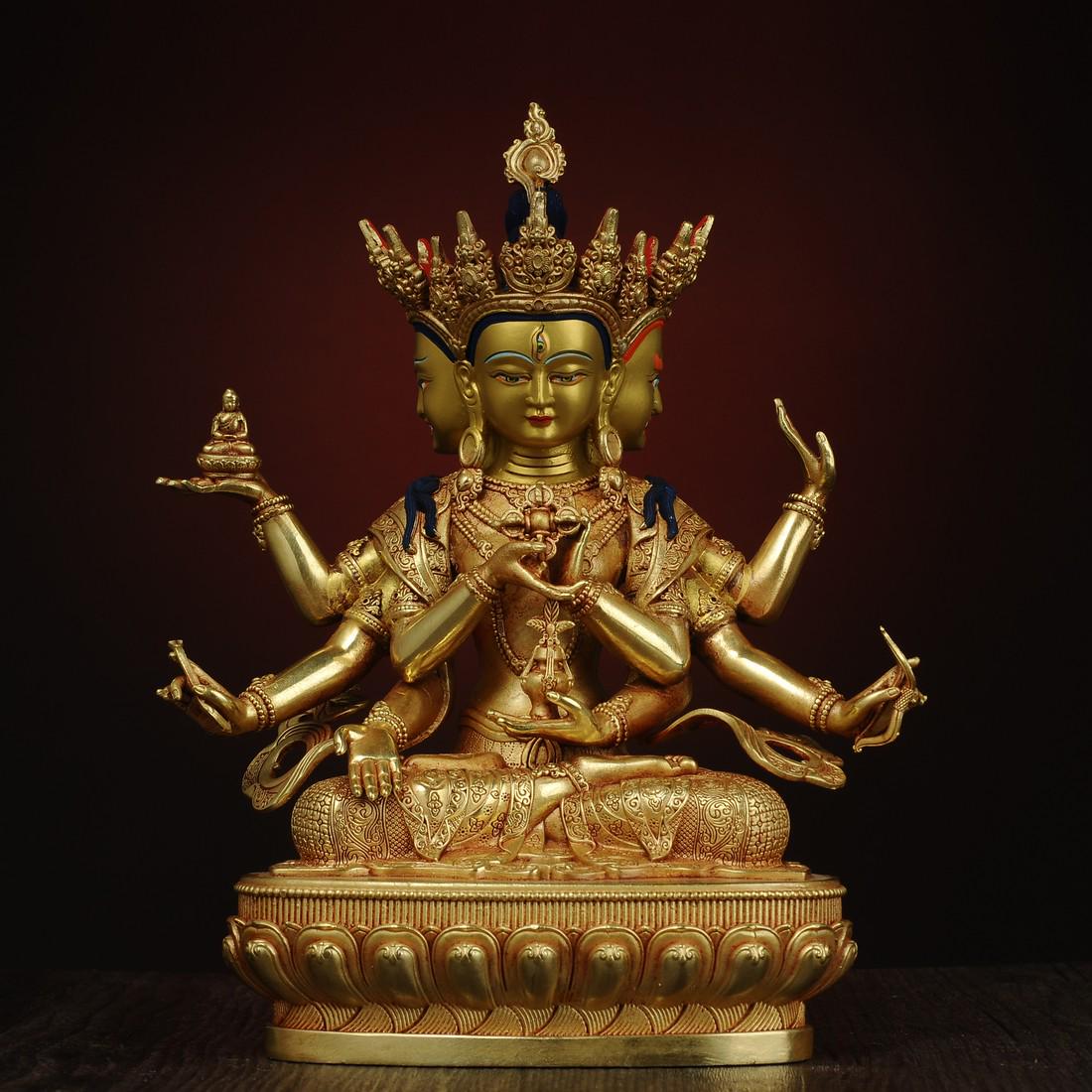 Tibetan Bronze Buddha Statue - Buddha With Three Heads And Six Arms Auction