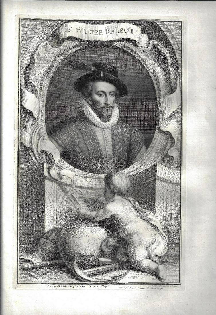 1743 Large Fine Houbraken Engraving Sir Walter Raleigh Auction