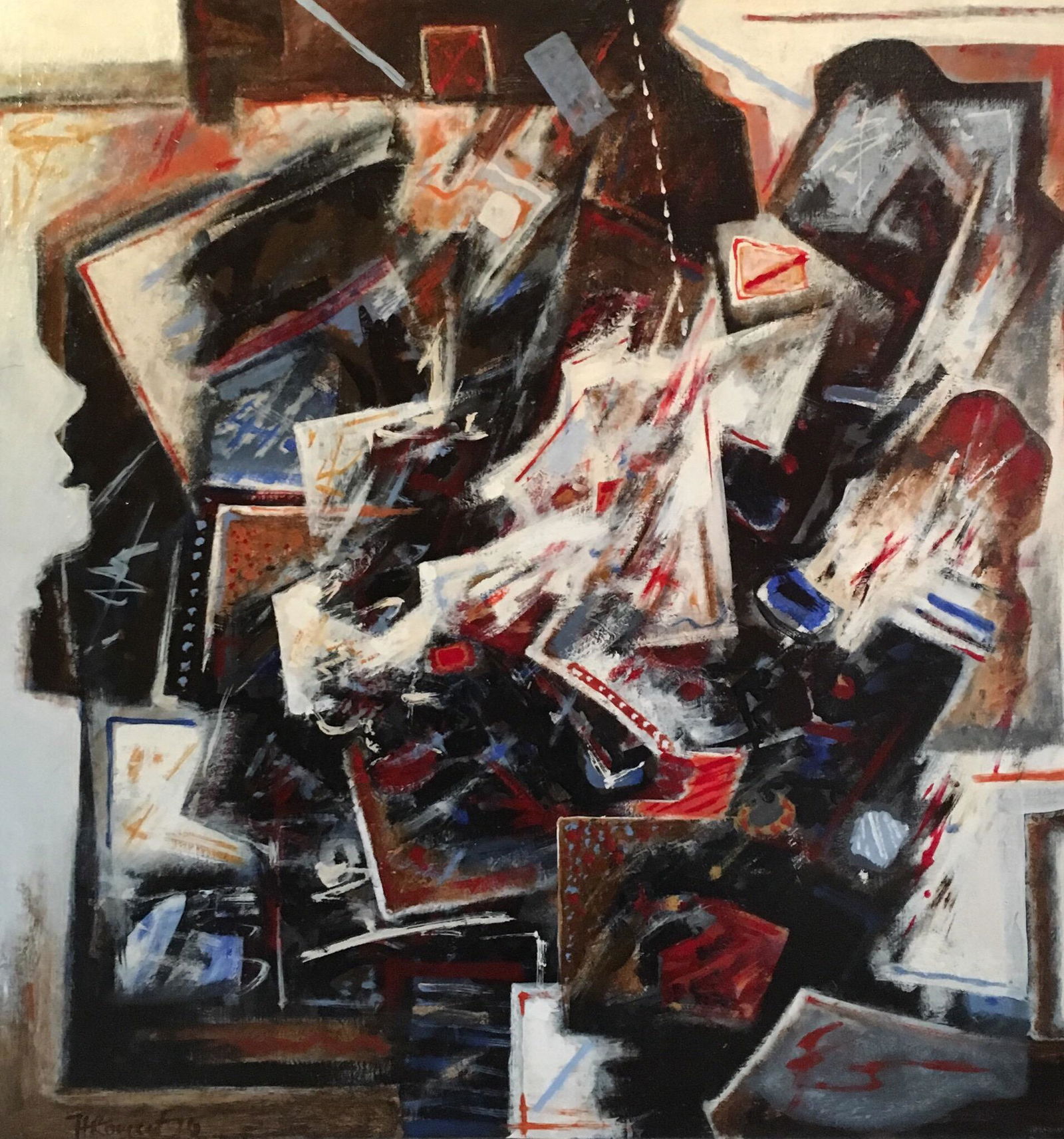 Abstract Oil Painting, Red, Cream, Blue And Black, Cubism Style, Signed ...