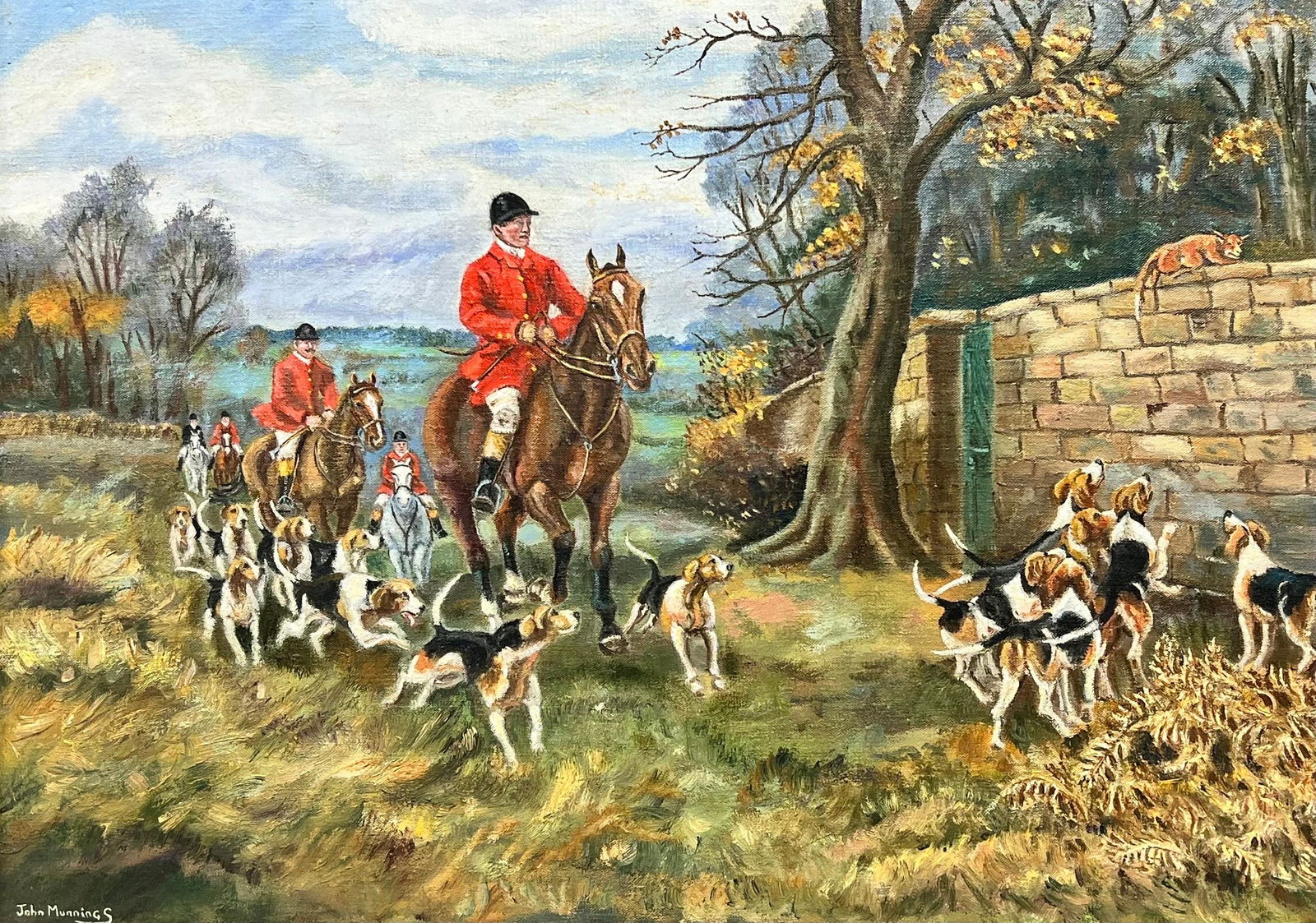 Large British Hunting Scene Signed Oil Painting Huntsman, Horses Hounds ...