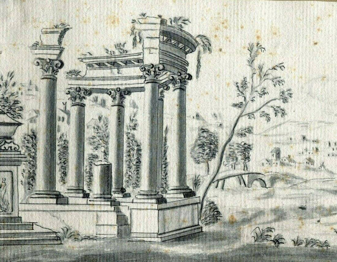 Antique Ink Drawing Landscape Architecture 19th Century, Italian ...