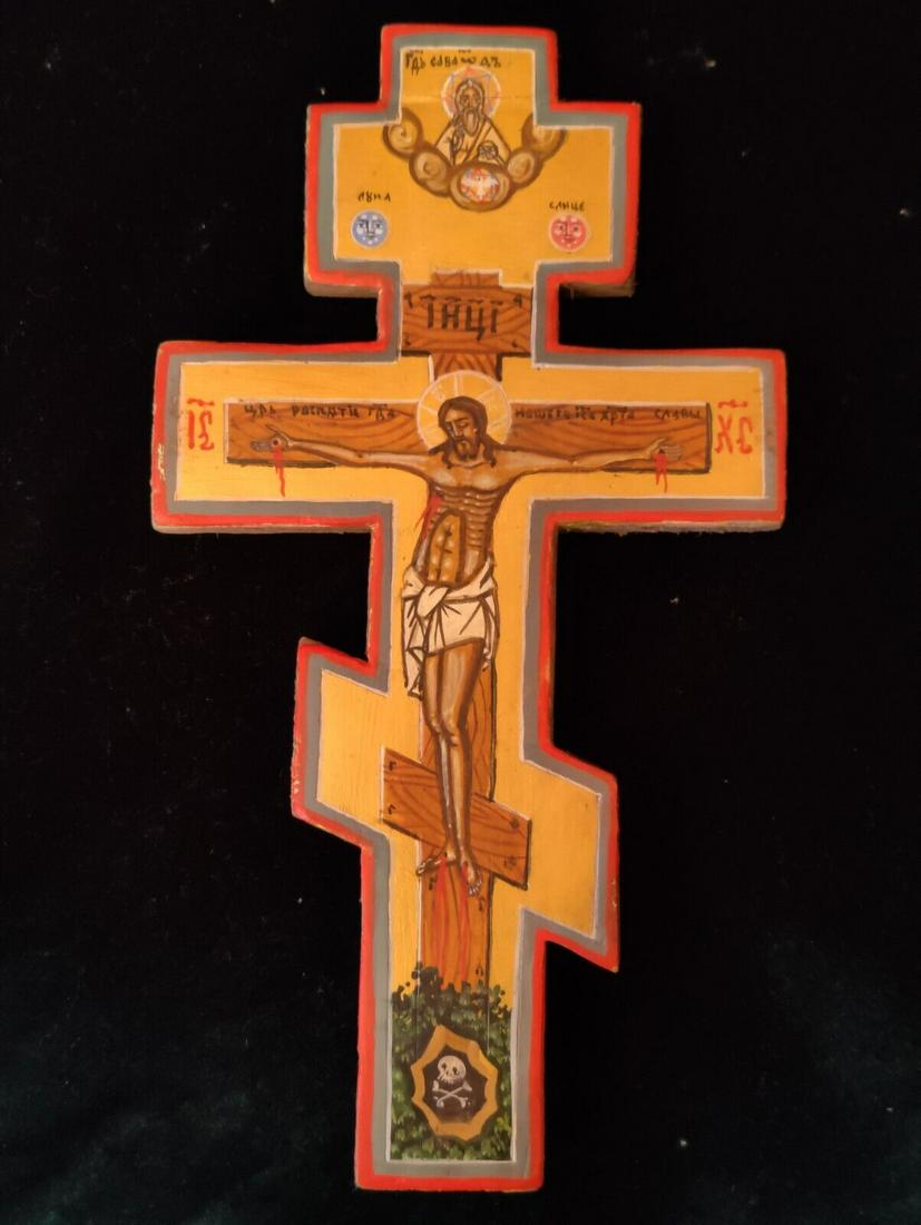 Antique 19c Russian Orthodox Hand Painted Wooden Cross Auction