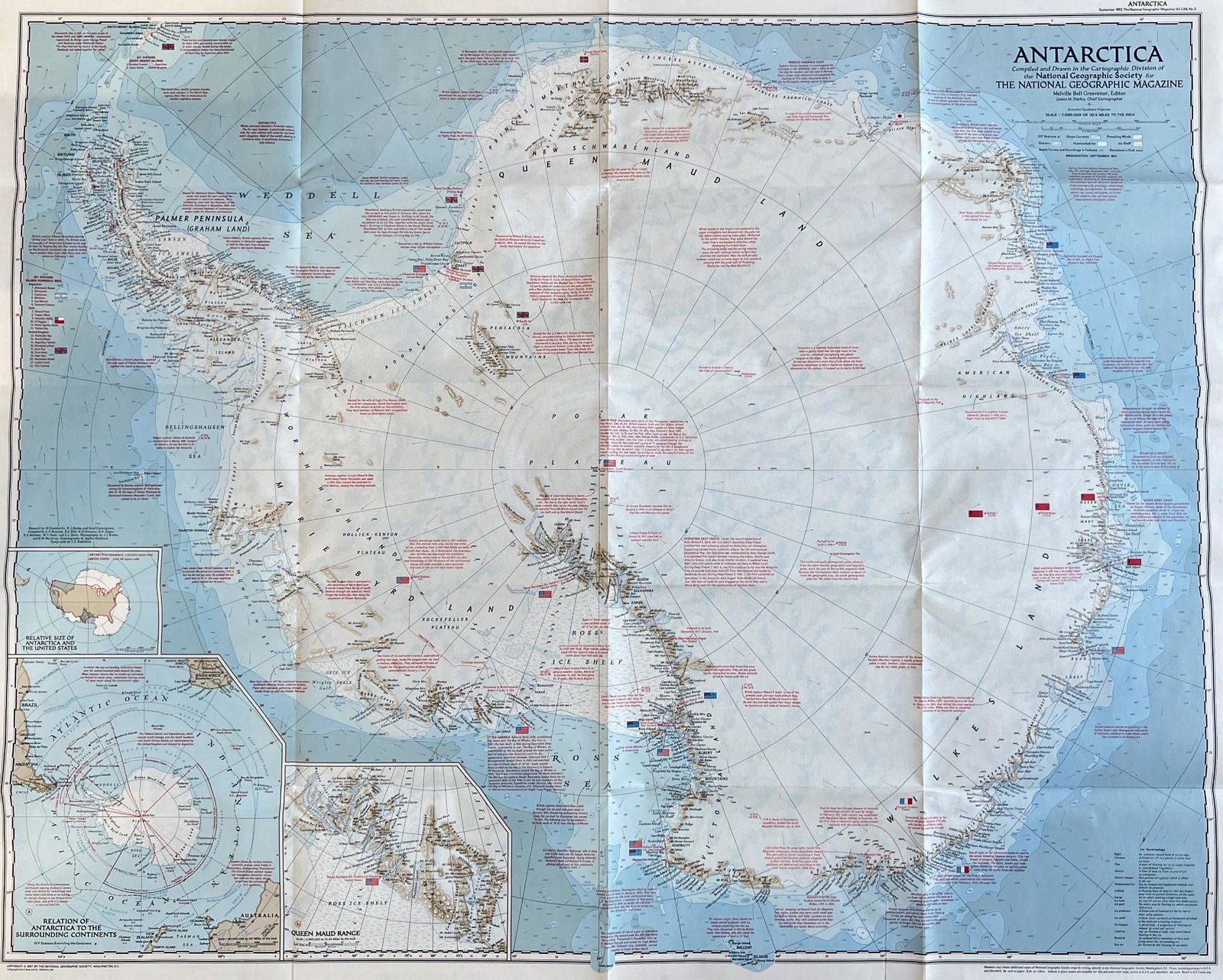 Vintage Lithography Map Of Antarctica National Geographic 1957 South Pole