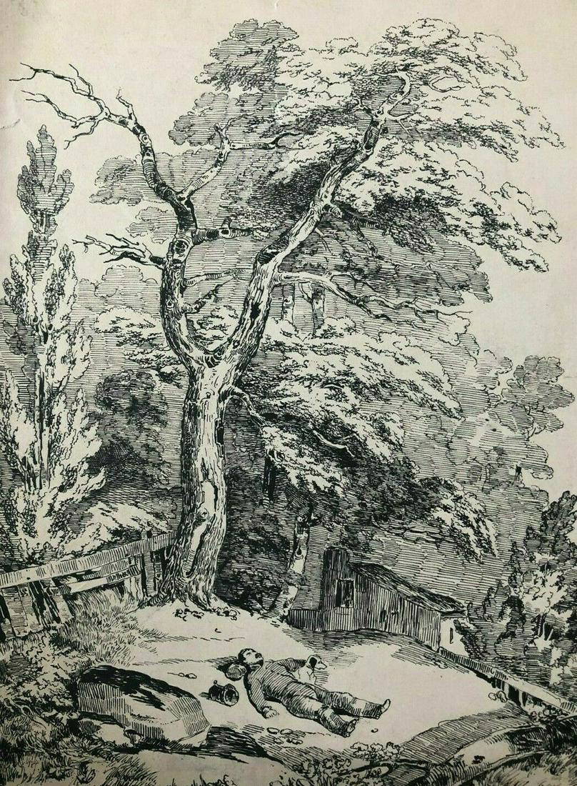 Buy Antique Ink Drawing Original 19th Century Landscape, Man And Tree ...