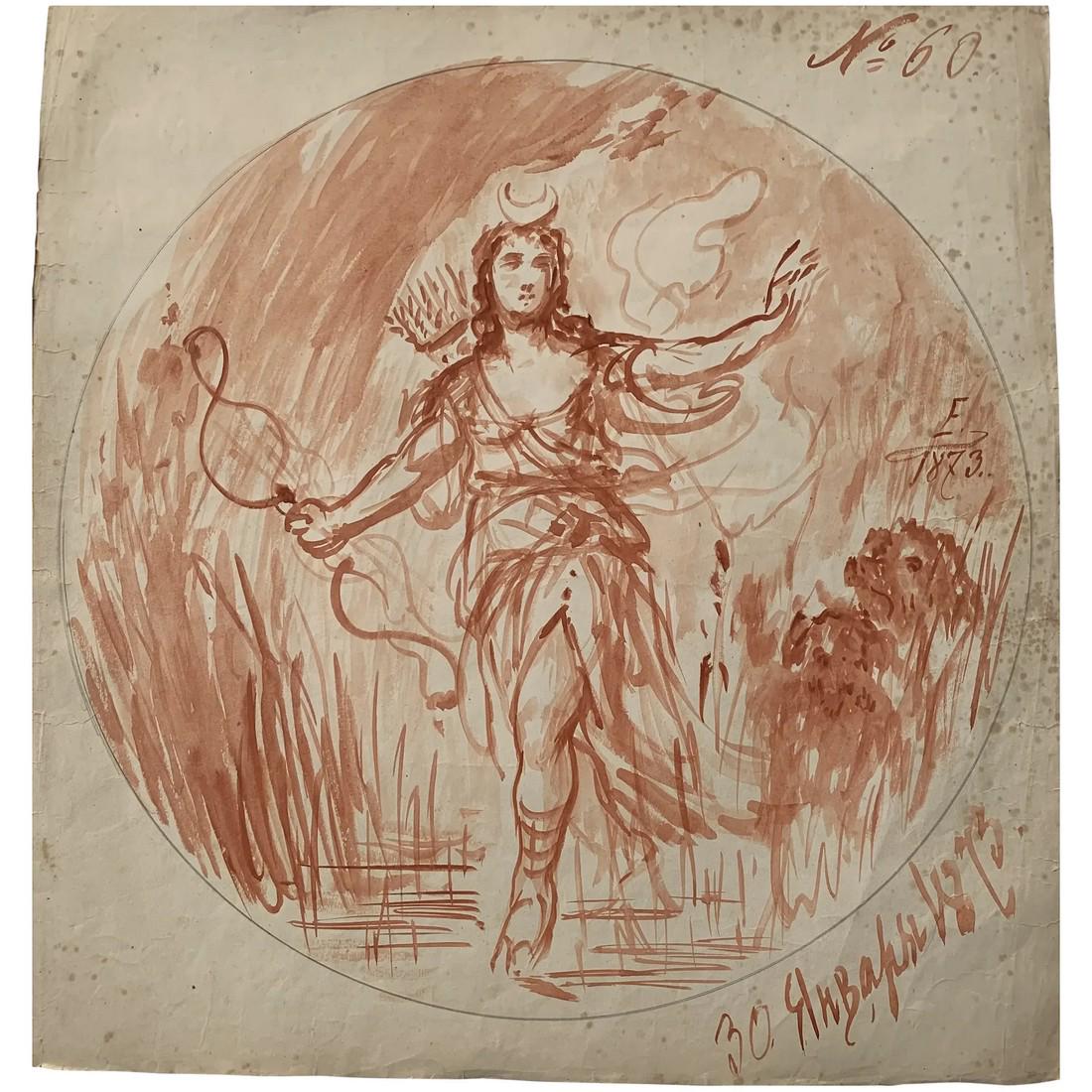 Selene, Greek Mythology - 1873 Sanguine Drawing Auction