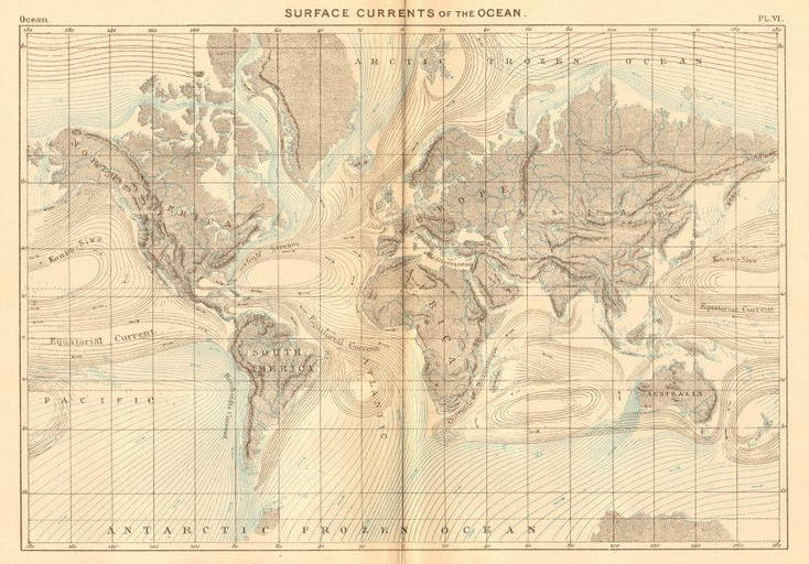 Surface Of Currents Of The Ocean. World 1886 Old Antique Map Plan Chart