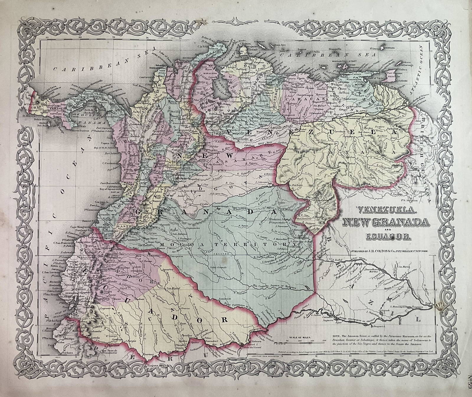 Map Of 1859. Colombia, Venezuela & Ecuador By Colton. Auction