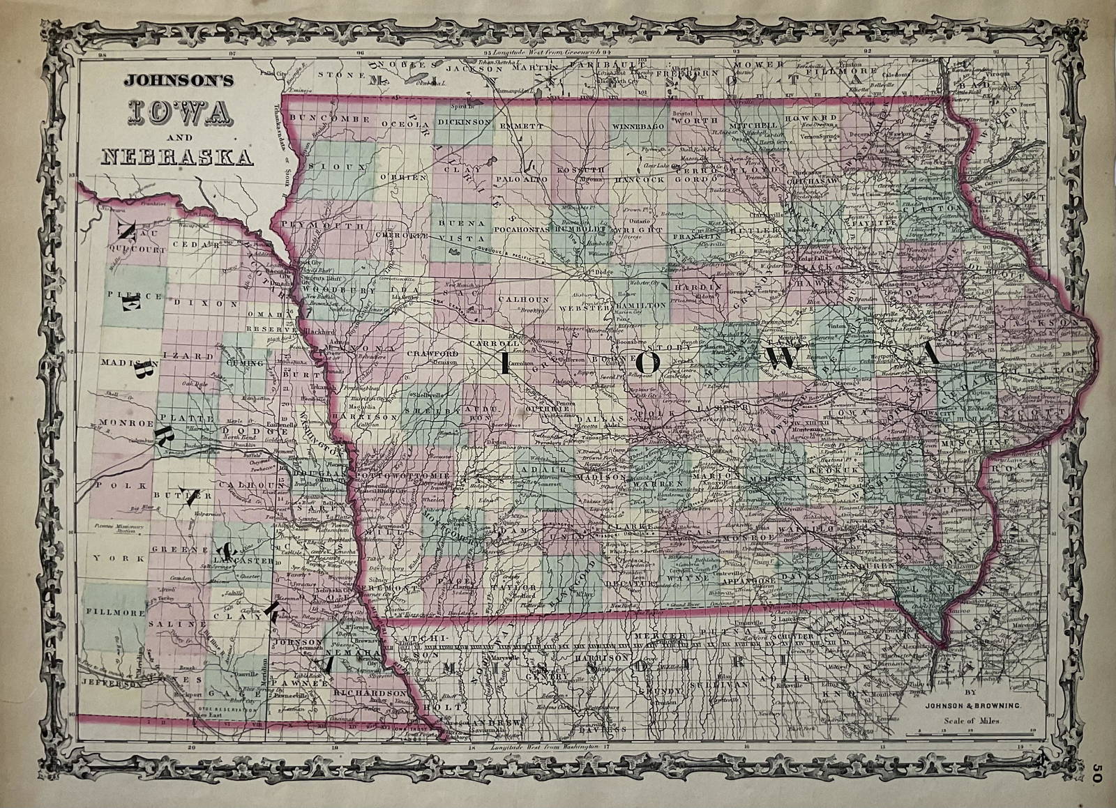 1861 Map Of Iowa And Eastern Nebraska. By Johnson And Browning Auction