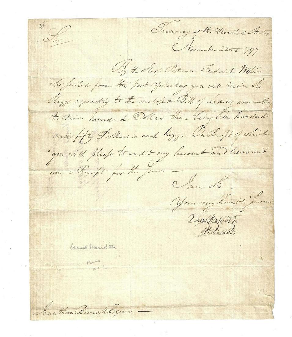 1797 Letter Signed Us Treasurer Samuel Meredith