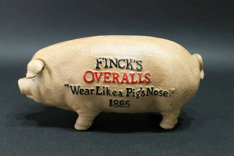 Finck's "overalls" 'wear Like A Pig's Nose' 1885 Cast Iron Coin Bank