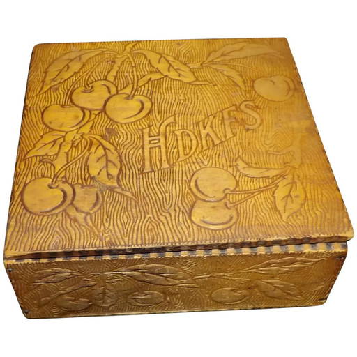 Antique Wizard Pyrography Wood Handkerchief Box W Cherry Motif