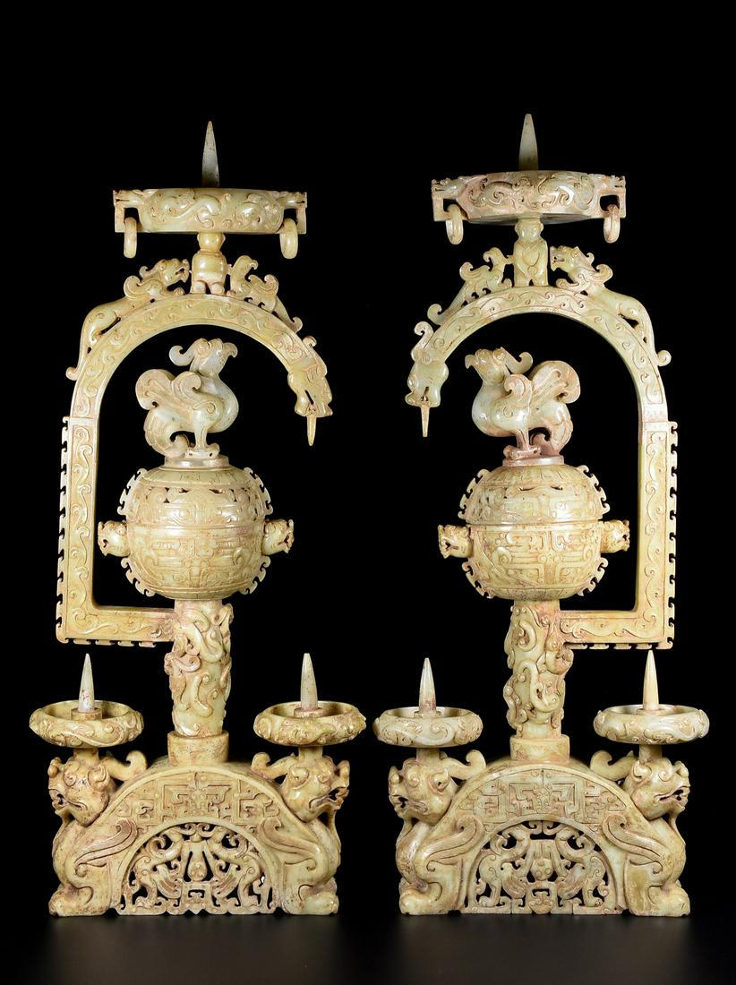 Chinese Hetian Jade Dragon Phoenix Candlestick/incense Burner Auction