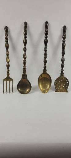 Antique Brass Cooking Utensil Set Spoon Ladle Fork Old Kitchen Tools ...