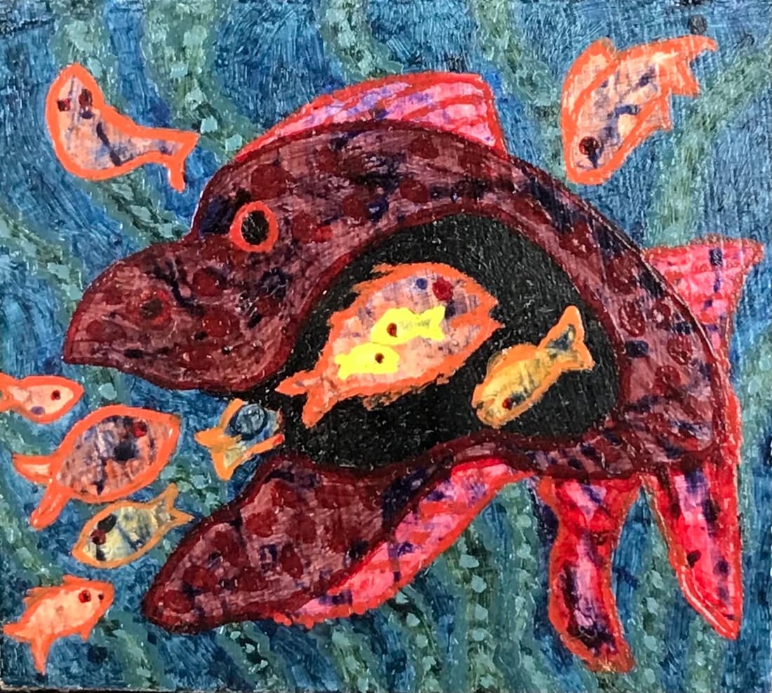 1960''s British Surrealist Oil Painting ''big Fish Eat Little Fish ...