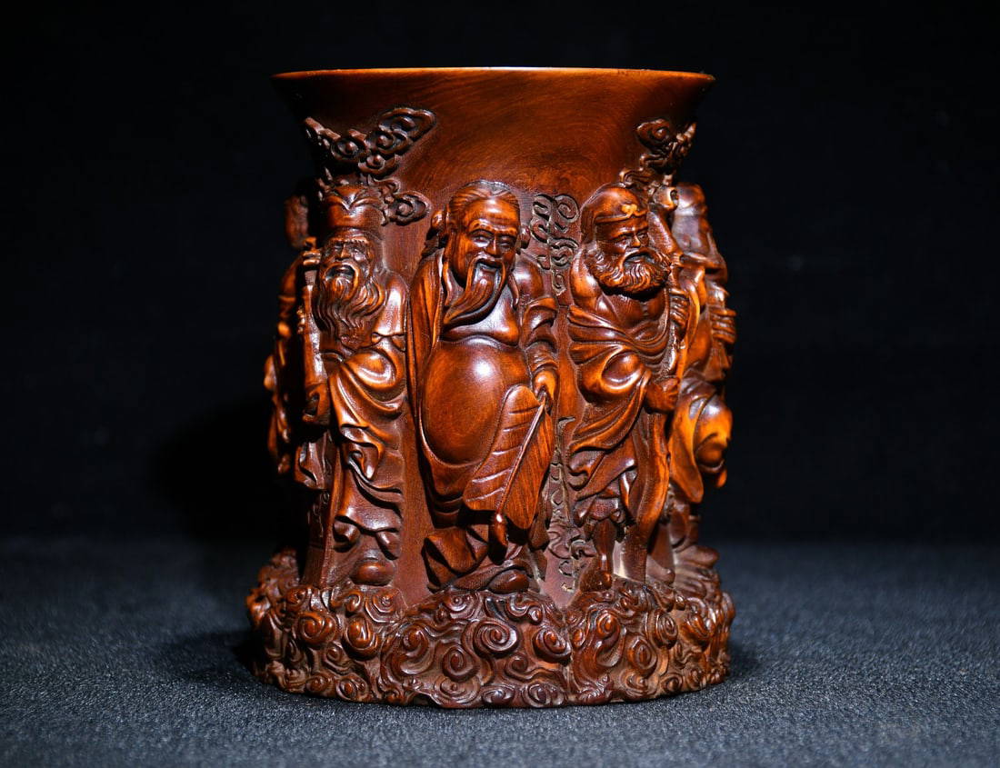 Chinese Boxwood Wood Eight Taoism Deity Brush Pot Auction