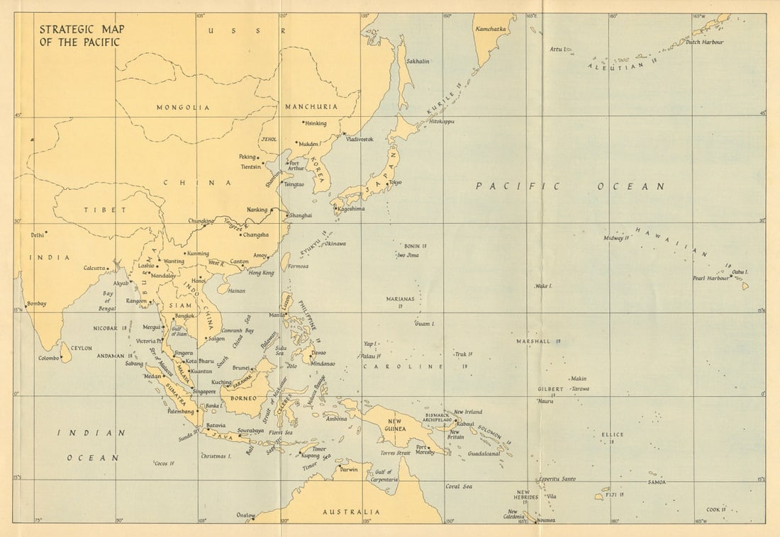Strategic Map Of The Pacific 1941 1957 Old Vintage Plan Chart