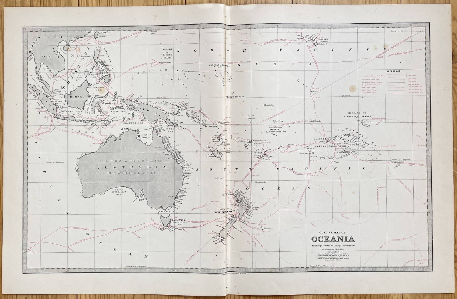 Large Antique Map - Oceania - Australia - Pacific Ocean - Route Of ...