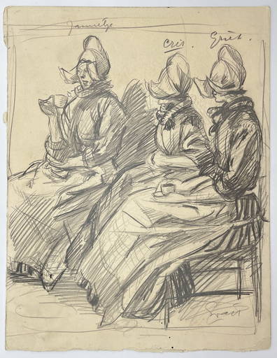 Vintage Drawing Women Having A Conversation Pencil Sketch 20th Century