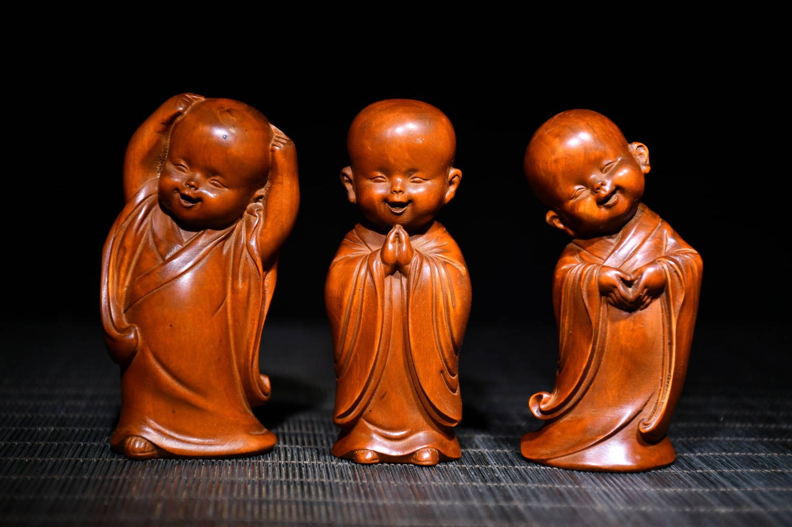 Three Chinese Boxwood Wood Carved Buddhist Monk Statue Auction