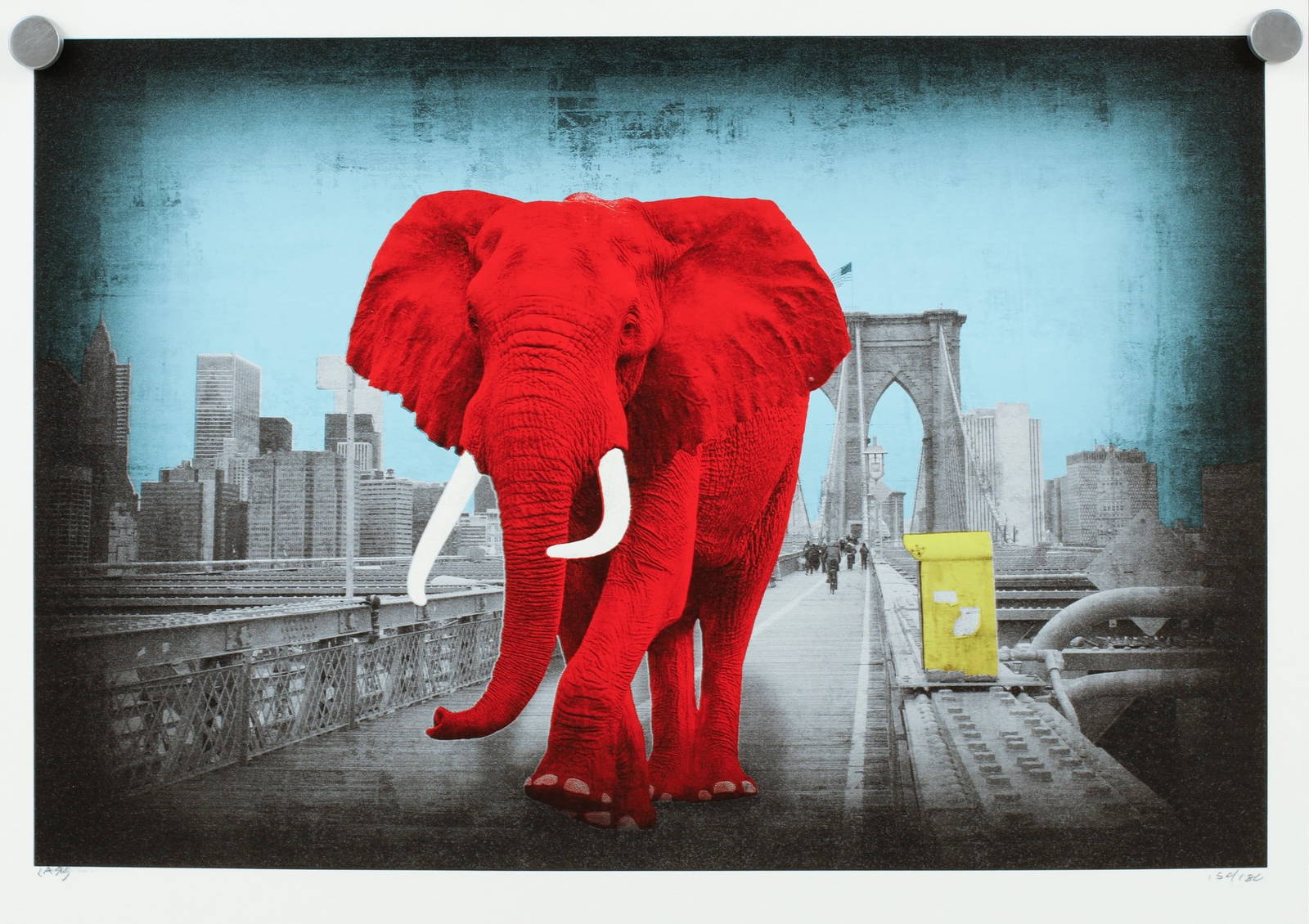 Modern Poster - Lars Tunebo – Tripping On Brooklyn Bridge - Red ...