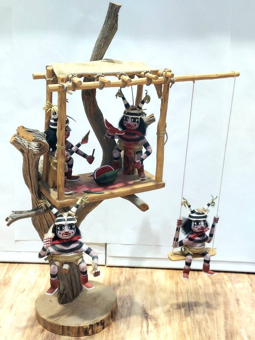 Antique Hopi Kachina Sculpture Tree Four Clows In House Tree Auction