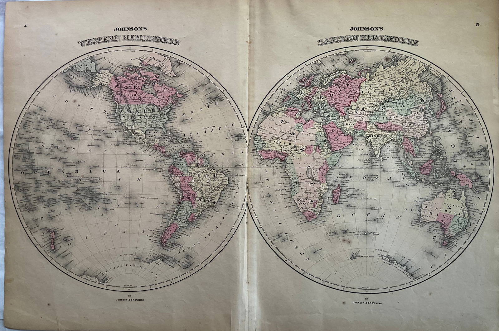 1861. World Map In Double Hemisphere Projection. By Johnson And ...