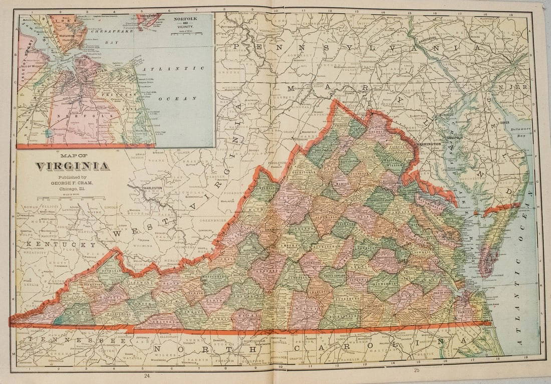 1907 Cram Map Of Virginia -- Map Of Virginia Auction