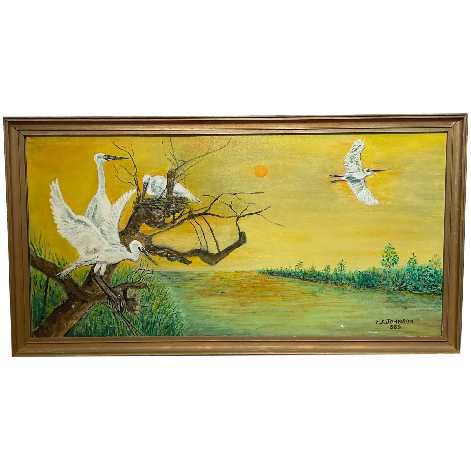 Ornithological Oil Painting Siege Of Heron Birds Nesting In Marsh Dated ...